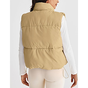 MEROKEETY Women's Quilted Puffer Vest Lightweight Stand-up Collar Soild Color Warm Outewear, Khaki, Small