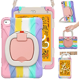 BRAECN Kid Case for iPad Mini 5/4 | Shockproof Silicone Cover with Shoulder Strap, Kickstand, Pencil Holder & Anti-Slip Grip | Compatible with iPad Mini 5th/4th Generation 7.9" - Colorful Pink