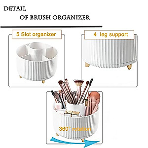 Large Capacity Rotating Makeup Organizer 360 Degree Brush Organizer with 5 Slots Makeup Brush Holder for Vanity Decor Bathroom Countertops Cosmetic Display Cases (White)