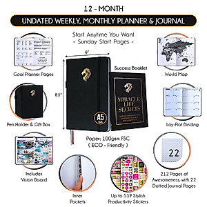 Life & Work Planner - 12 Month Goal Planner, Productivity Planner to Increase Happiness, Daily, Weekly Planner & Monthly Planner, Gratitude Journal, Undated Planner, A5 Size - Horizontal Planner