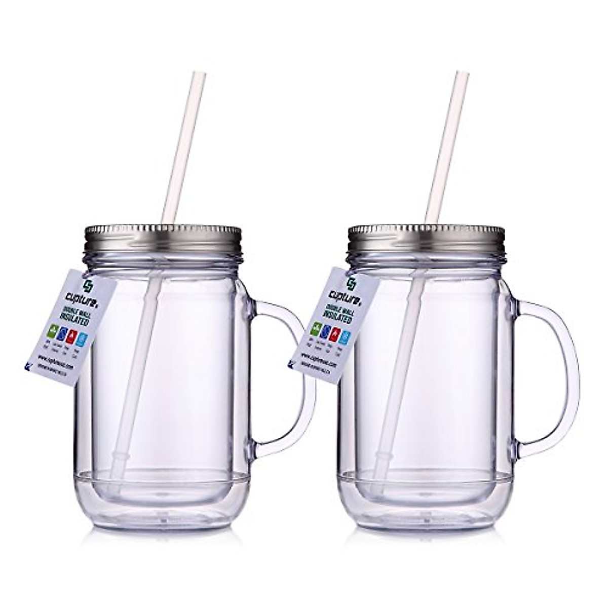 Cupture 2 Vintage Clear Mason Jar Tumbler Mug With Stainless Steel Lid and Straw - 20 oz