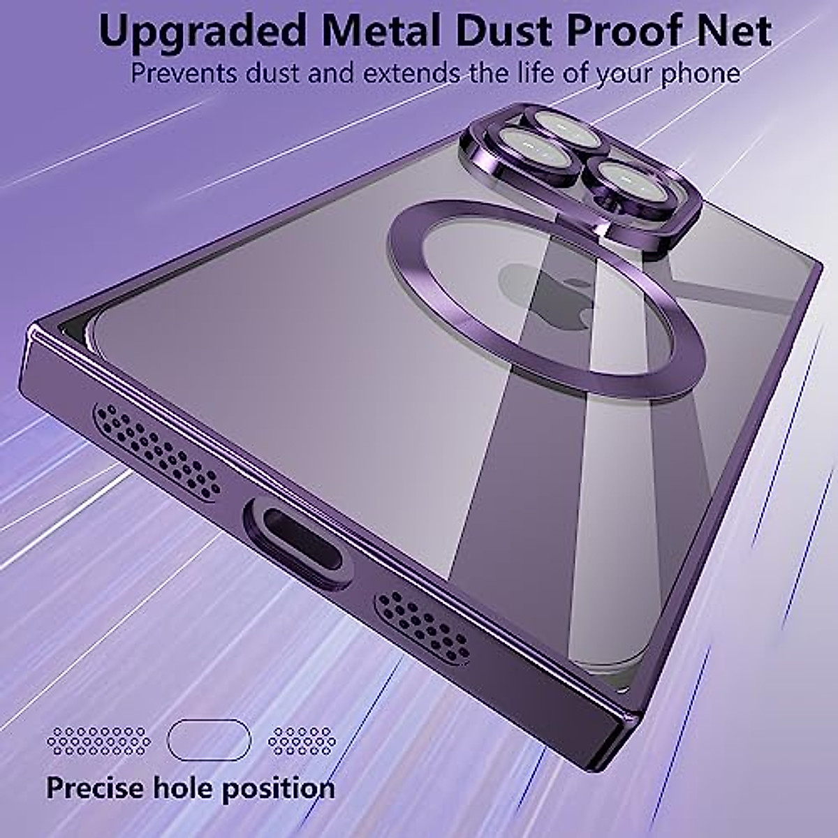 KSWOUS Magnetic Clear for iPhone 14 Pro Max Case Square, Luxury Plating Transparent Shockproof MagSafe Case with Full Camera Lens Protector for Women Girls Phone Case for iPhone 14 Pro Max-Purple