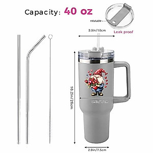 LB LEOBON 40 ounce insulated cup with handle, double-layer vacuum stainless steel material, equipped with straw, can keep warm or maintain cold drinks Gnome Love Bouquet J grey