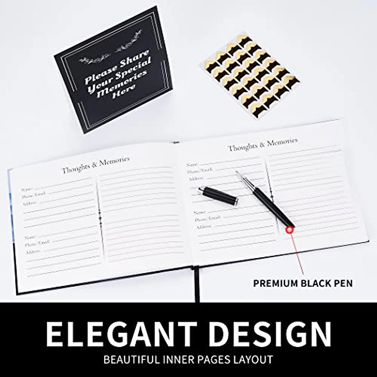 BADAWEN Funeral Guest Book, Hardcover Black Floral Celebration of Life Guest Book for Memorial Service Registry Decorations with Pen