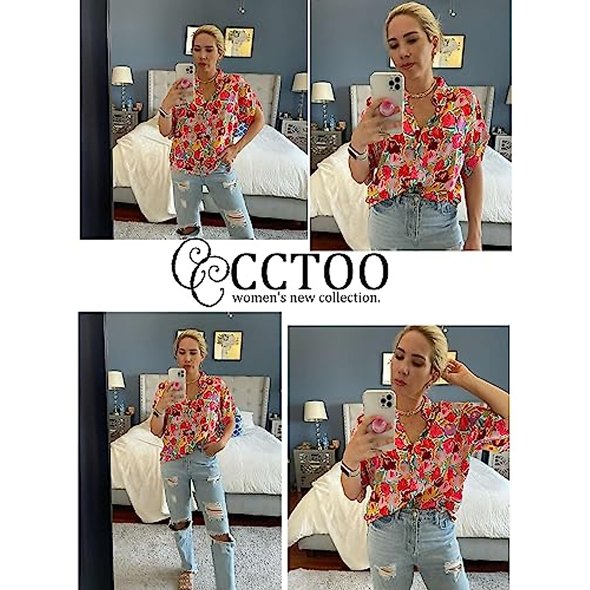 CCTOO Women's Blouses V Neck Short Sleeve Curved Hem Solid Chiffon Dressy Blouse Casual Shirts Tops 159 Color Floral Large