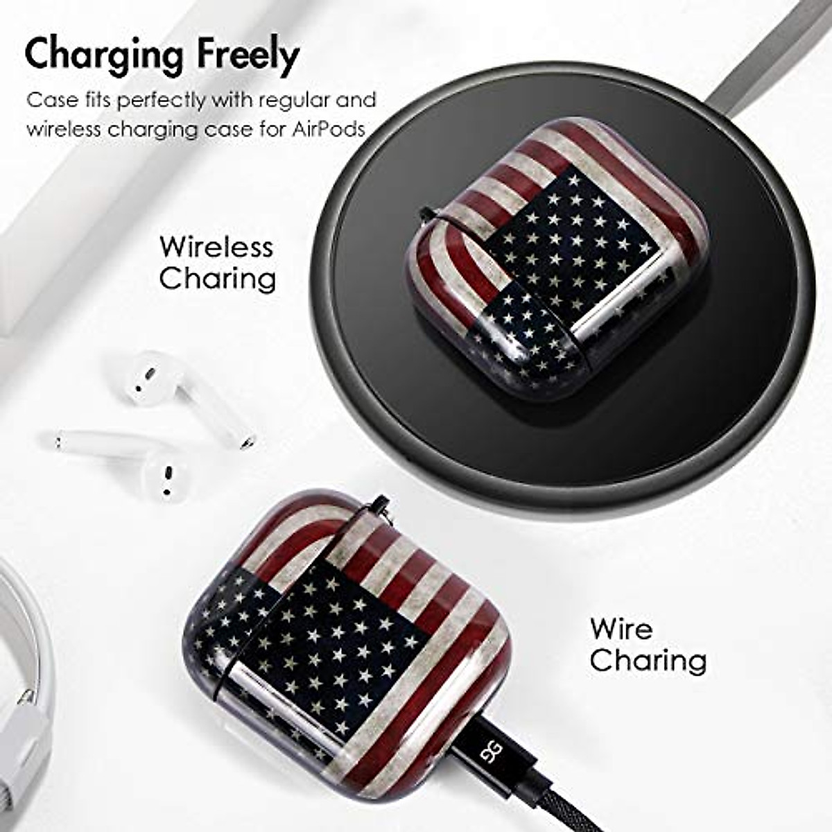 ROLEES Airpods Case,3 in 1 Cute Marble Airpods Accessories Protective Hard Case Cover Portable & Shockproof Women Girls Men with Keychain/Strap/Earhooks for Airpods 2/1 Charging Case (American Flag)
