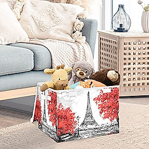 Krafig Abstract Art Paris Eiffel Tower Foldable Storage Box Large Cube Organizer Bins Containers Baskets with Lids Handles for Closet Organization, Shelves, Clothes, Toys