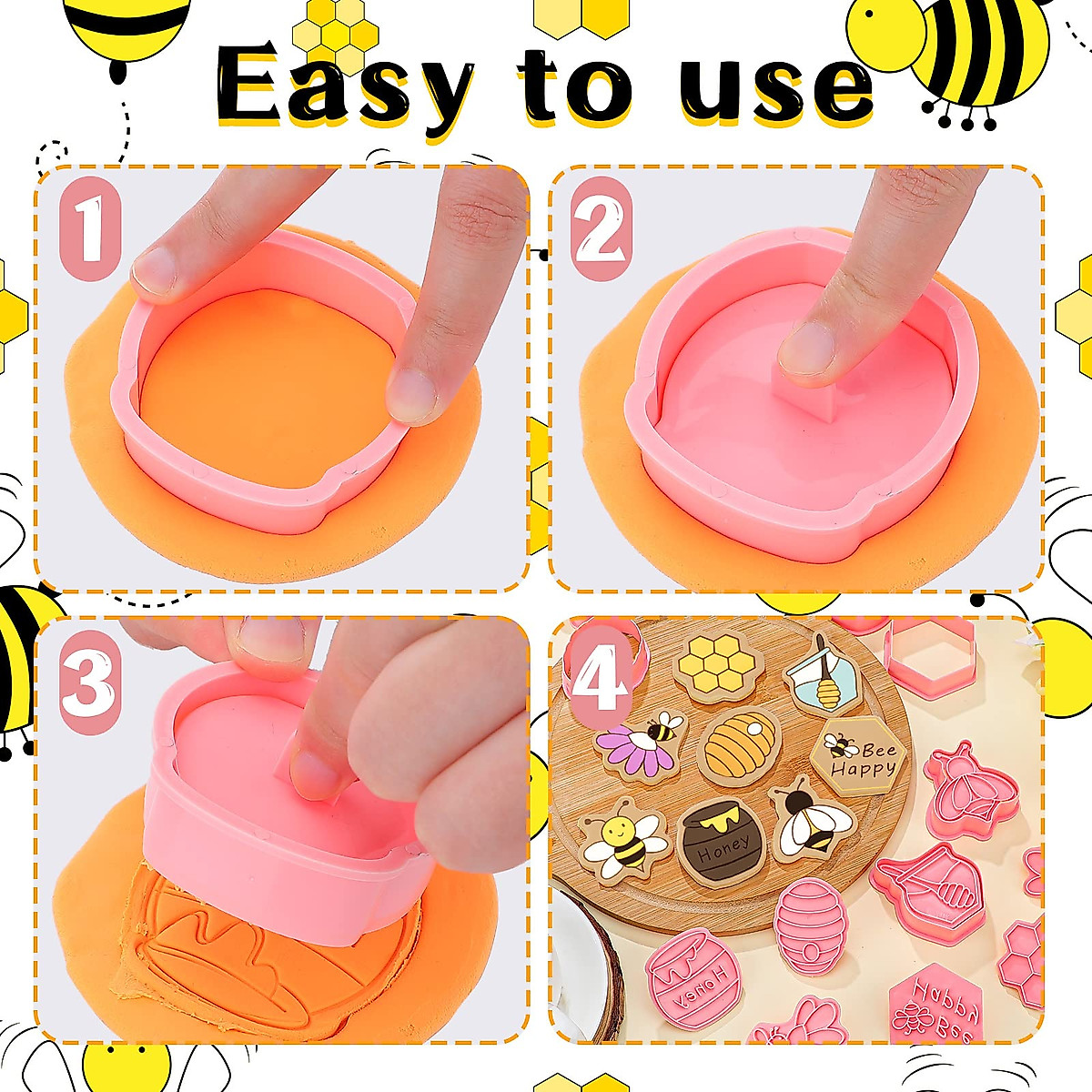 8 Pcs Insect Cookie Cutters with Plunger Stamps Set 3D Butterfly Bee Shape Biscuit Cutter Funny Cartoon Cookie Stamps Embossed Cookie Cutters for Treats DIY Baking Cookie Supplies (Bee Theme)