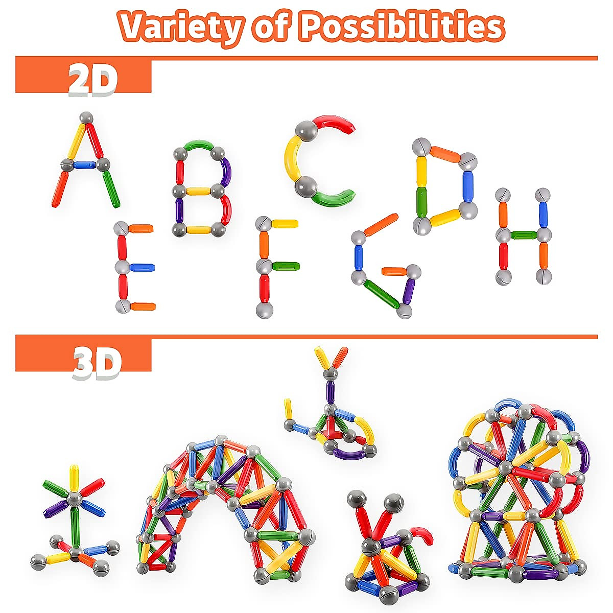 Bmag 46 PCS Magnetic Balls and Rods Set, Magnet Building Sticks Set, Building Blocks Tiles, STEM Stacking Toys for Kids,Juniors,Toddlers