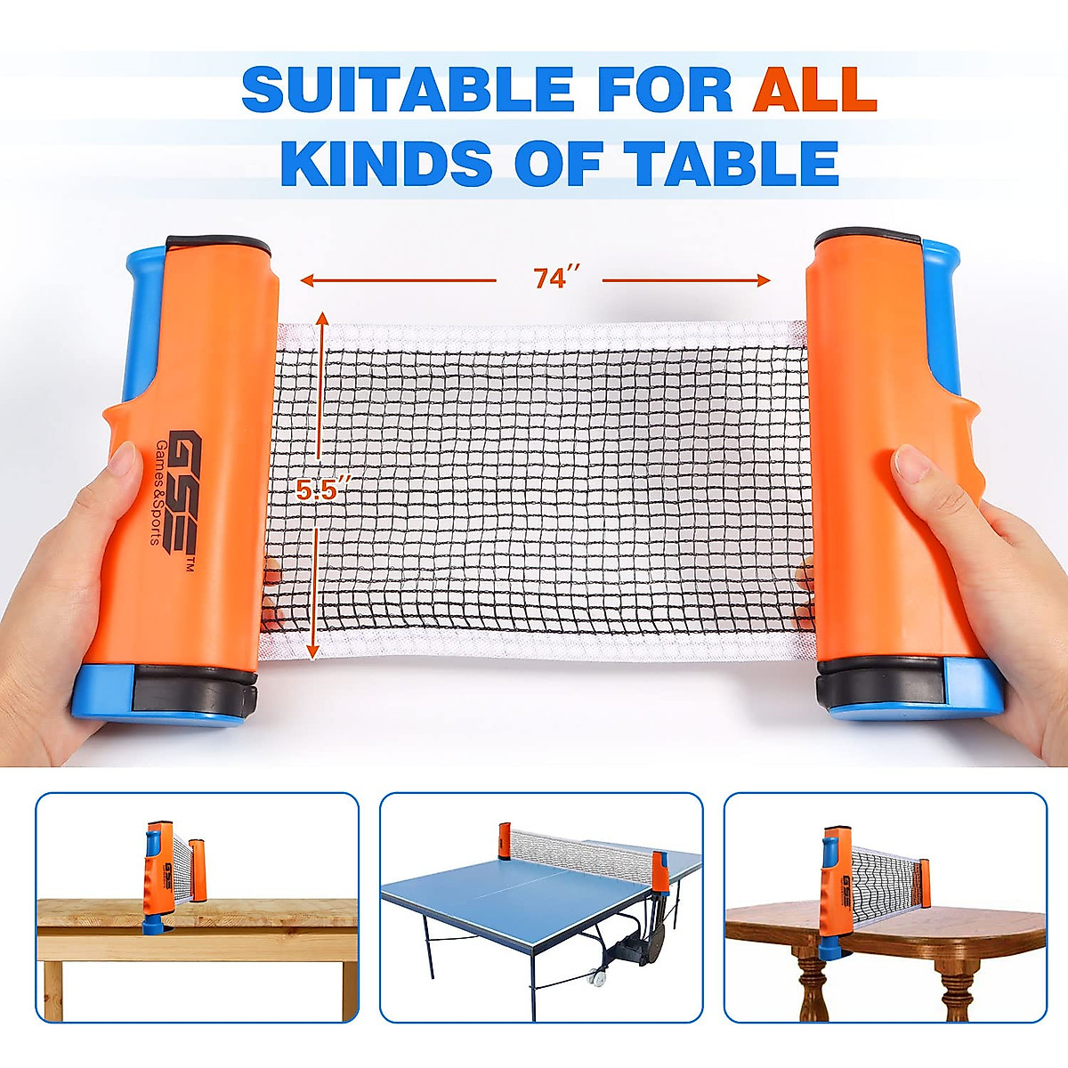 GSE Ping Pong Paddle Set, Portable Table Tennis Set with Retractable Ping Pong Net & Post, 2 Paddles & 3 Ping Pong Balls, Anywhere to-Go Ping Pong Game Set for Any Tables(Orange)