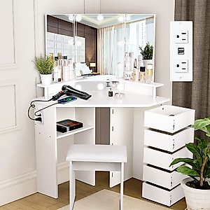 VOWNER Vanity with Lights - Makeup Vanity Desk with Power Outlet, 3 Color Lighting Options Brightness Adjustable, Vanity Table with 5 Rotating Drawers, Shelves and Stool for Bedroom, White