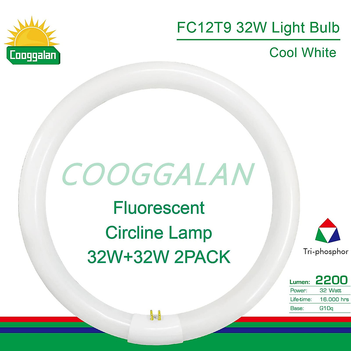 COOGGALAN FC12T9/CW 32W Cool White Circular Light Bulbs, 12 inch Round T9 32 Watts FC12T9/841 4100K Circline Fluorescent Bulb, Replacement Kitchen and Bath Circle Light Bulb, G10q 4 Pin Prong, 2 Pack