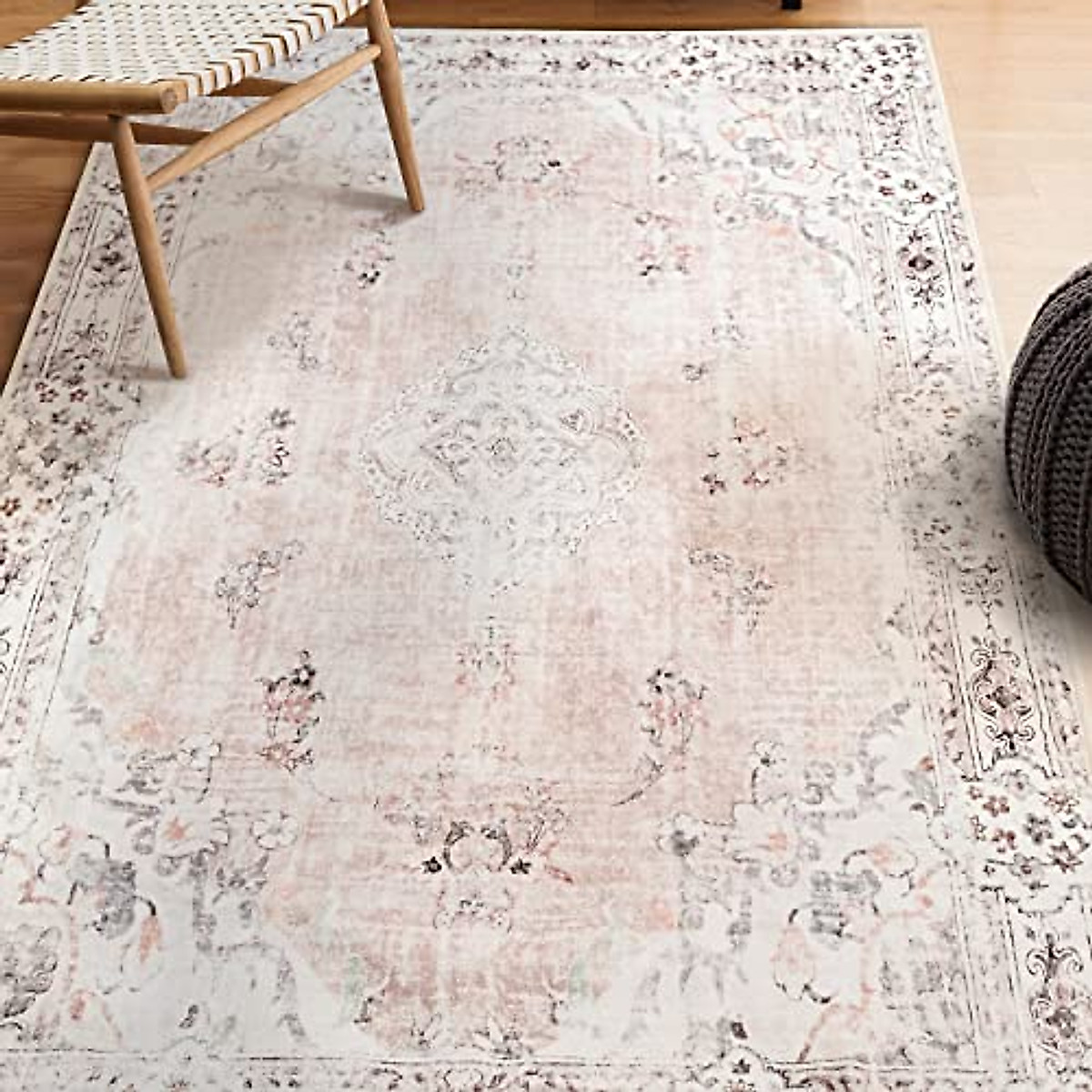 MUJOO Boho Area Rug 3'x5' Machine Washable Area Rugs Pink Small Area Rugs Non Slip for Entryway Bedroom Bedside Kitchen Hallway Living Room Laundry Room Persian Indoor Mat Soft Low-Pile Floral.