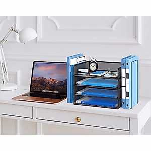 LUCYCAZ Desk Organizer with File Holder - File Organizer for Desk, 4 Tier Desktop Organizer Stackable Paper Letter Tray with Magazine Holder, Mesh Desk Paper Storage for Office, School, Home, Black