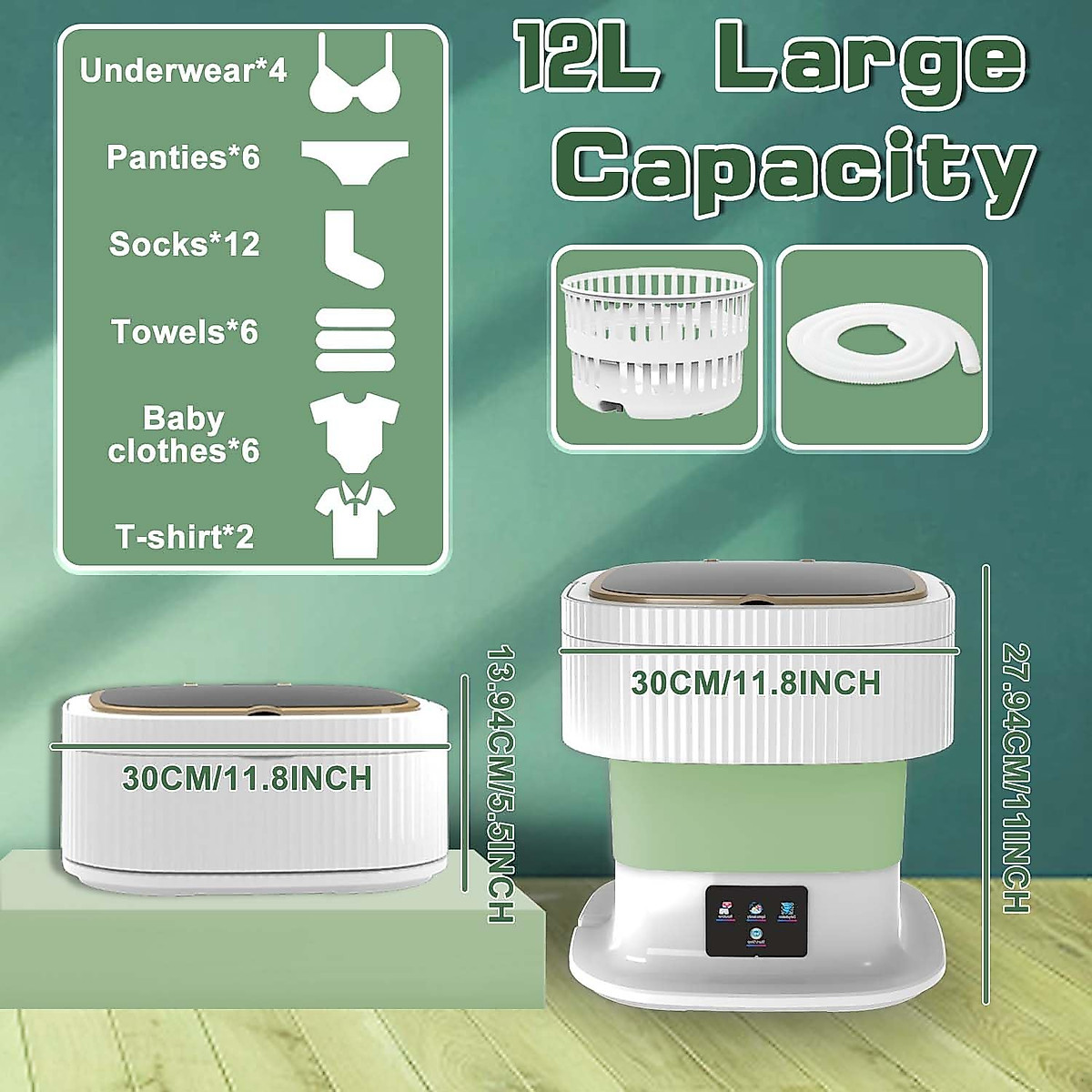 Mini Washing Machine,12L Foldable Washer and Dryer Combo, Collapsible Mini Washer for Underwear, Baby Clothes Apartments, Dormitories (Green)