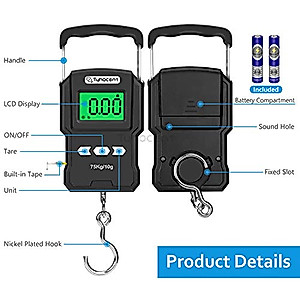 Fishing Scales 165lb/75kg Backlit LCD Display Portable Electronic Digital Fish Scale with Built-in Measuring Tape, Include Battery and Carry Bag
