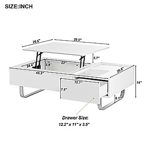 Merax Multi-Functional Coffee Table with Lifted Tabletop and Metal Frame Legs, High-Gloss Surface, for Living Room, 45.3 inch Length, White