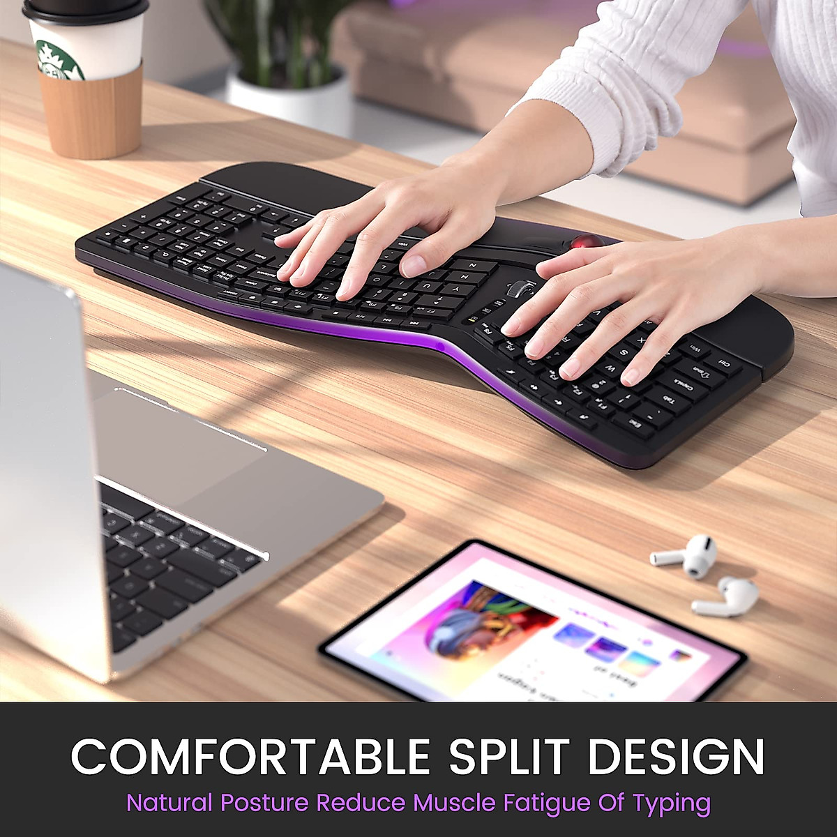 Ergonomic Keyboard, 2 in 1 Wireless Computer Keyboard and Trackball Mouse Combo Design with Wrist Rest, Split Keyboard, USB Keyboard for Windows/Mac/Laptop/Computer/PC-Black