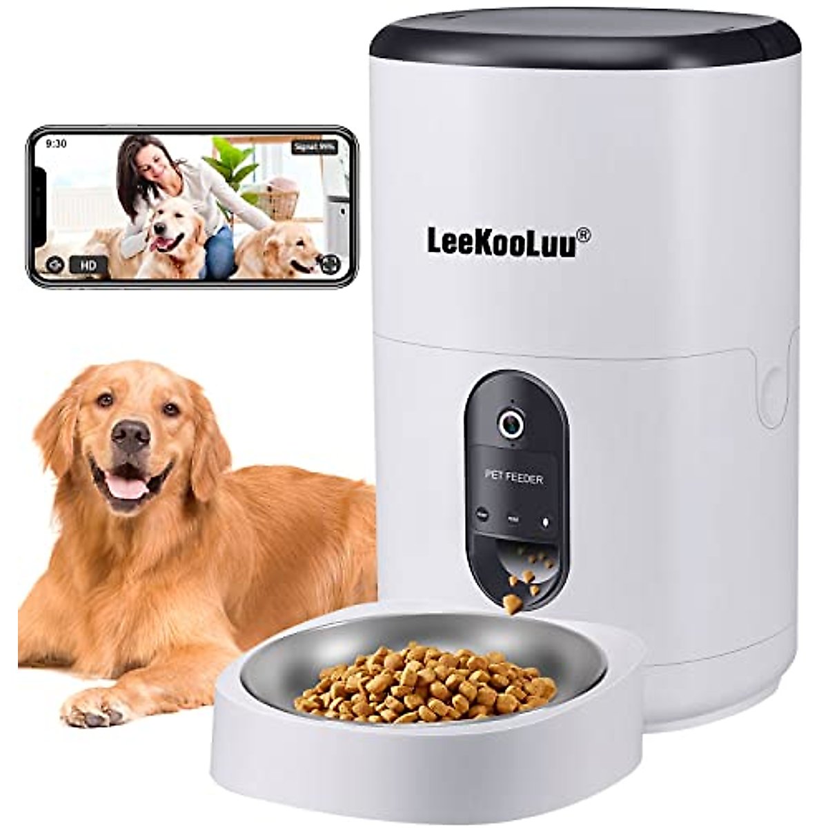 Automatic Dog Feeder HD 1080P Camera Cat Feeders 6L WiFi Smart Pet Feeder with APP Control Timer Settings Dispense Food Two Way Audio Recording Motion Detection Alerts