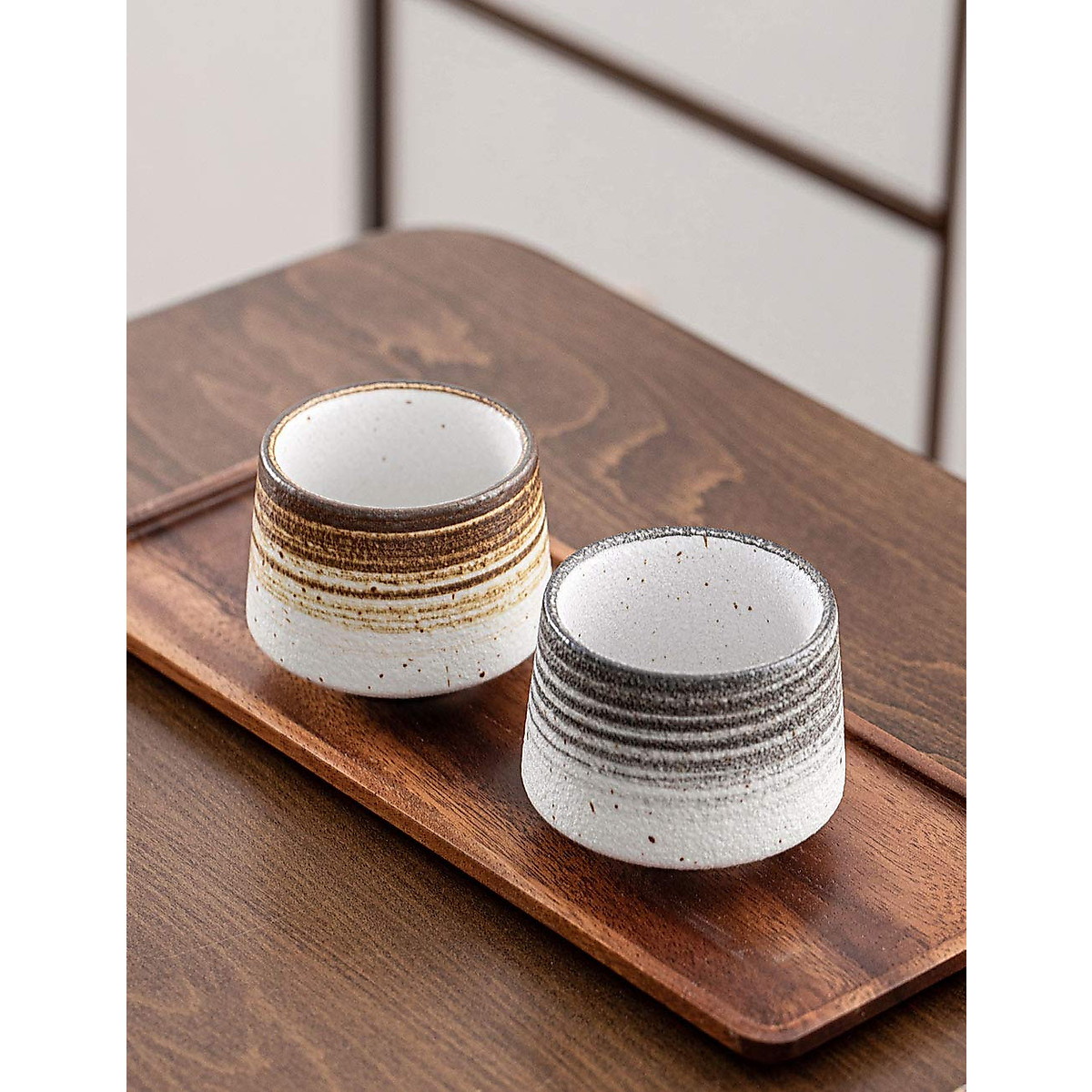 TANG PIN Handcrafted Ceramic Tea Cups Chinese Kung Fu Tea Cup Set of 2, Coffee Mugs for Cappuccino, Ceramic Sake Cups, 6 OZ(Black & White)