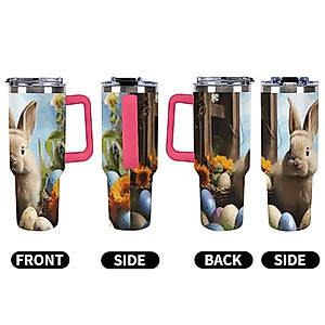 40 Oz Vacuum Tumbler with Light Rose Red Handle Leakproof Insulated Tumbler Easter Rabbit And Easter Eggs Stainless Steel Travel Mug with Lid And Straw Coffee Cup Cute Water Bottles Cup Holder Friendl