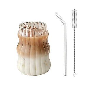 Iced Coffee Cup with Straw 18 oz Glass Clear Ripple Coffee Mug with Glass Straw and Straw Cleaner Brush Ribbed Glassware Boba Cup Smoothie Cup Water Glasses