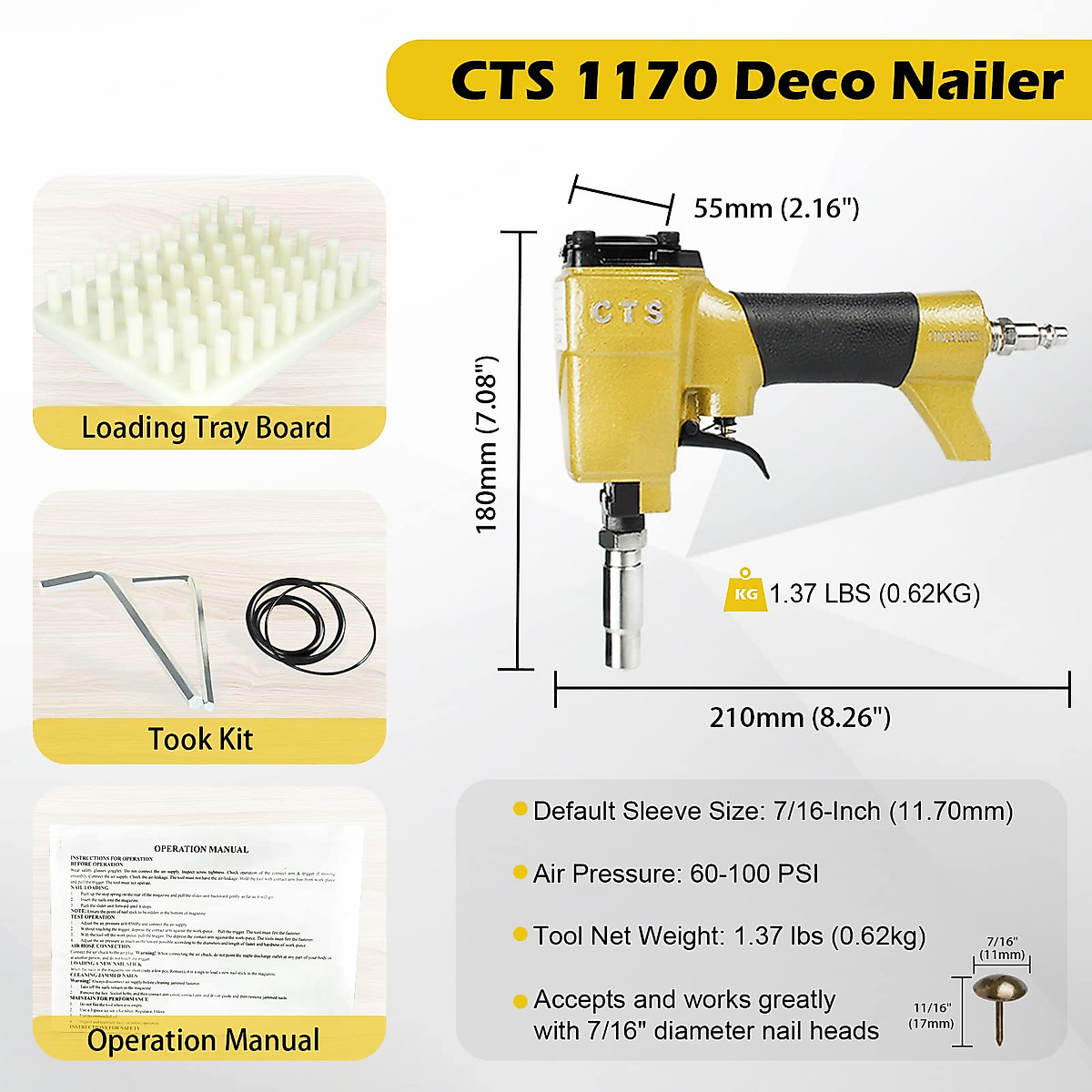 CTS 1170 Pneumatic Upholstery Decorative Tack Nail Gun, 7/16" (11.7mm) Head Diameter Air Finish Deco Nailer for Furniture, Home Decor (7/16-Inch Deco Nailer (11.70mm))