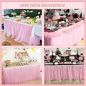 108in Baby Pink Tulle Table Skirts for Rectangle Tables 6ft 8ft 4ft, 2-Layer 9 ft Long Gold Grim Princess Pink Ruffle Tulle Tutu Table Skirt Cloth for Girl Birthday Baby Cake Dessert(No Table Cover)