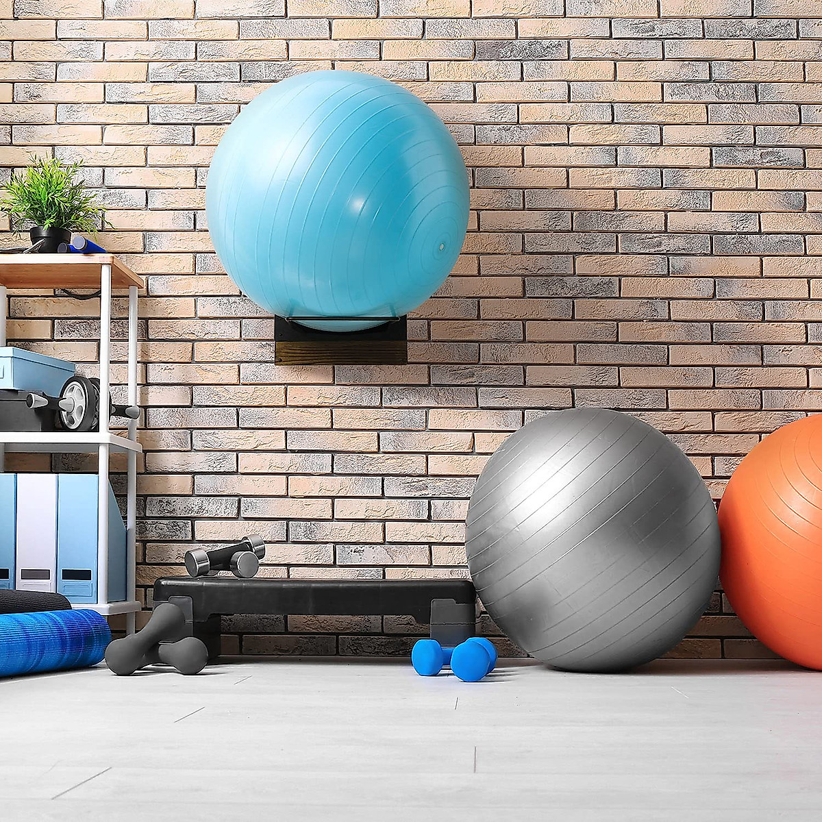 MyGift Rustic Burnt Wood and Black Metal Wire Wall Mounted Large Stability Ball Storage Rack, Yoga Studio and Home or Commercial Gym Exercise Ball Equipment Organizer