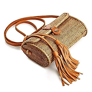 Rattan Bags for Women - Handmade Wicker Woven Purse Handbag Circle Boho Bag Bali 8" x 3" x 5" (20cm x 7cm x 12cm)
