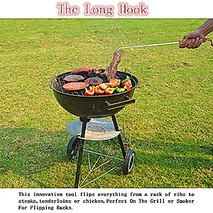 LQLMCOS 2Pcs Food Flipper Turner Hooks Stainless Steel BBQ Meat Hooks Cooking Barbecue Turners Hooks Grill Accessories with Wooden Handle for Grilling & Smoking (17.5 in+12.5 in)