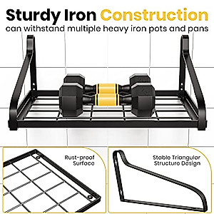 MUDEELA Hanging Pot Rack with 10 Hooks, Pots and Pans Organizer Wall Mounted Pot Organizer Rack, Wall Shelf for Kitchen Organization,Cookware, Books, Household,Bathroom