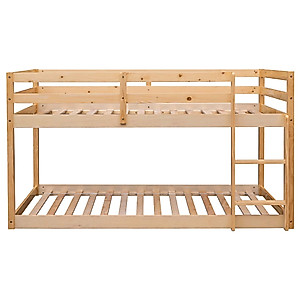 Anwick Twin Over Twin Low Bunk Bed with Stairs and Rails, Wooden Bunk Beds Frame with Safety Guardrail and Slats for Toddlers, Kids, Teens, Boys, Girls, Noise-Free (Natural)