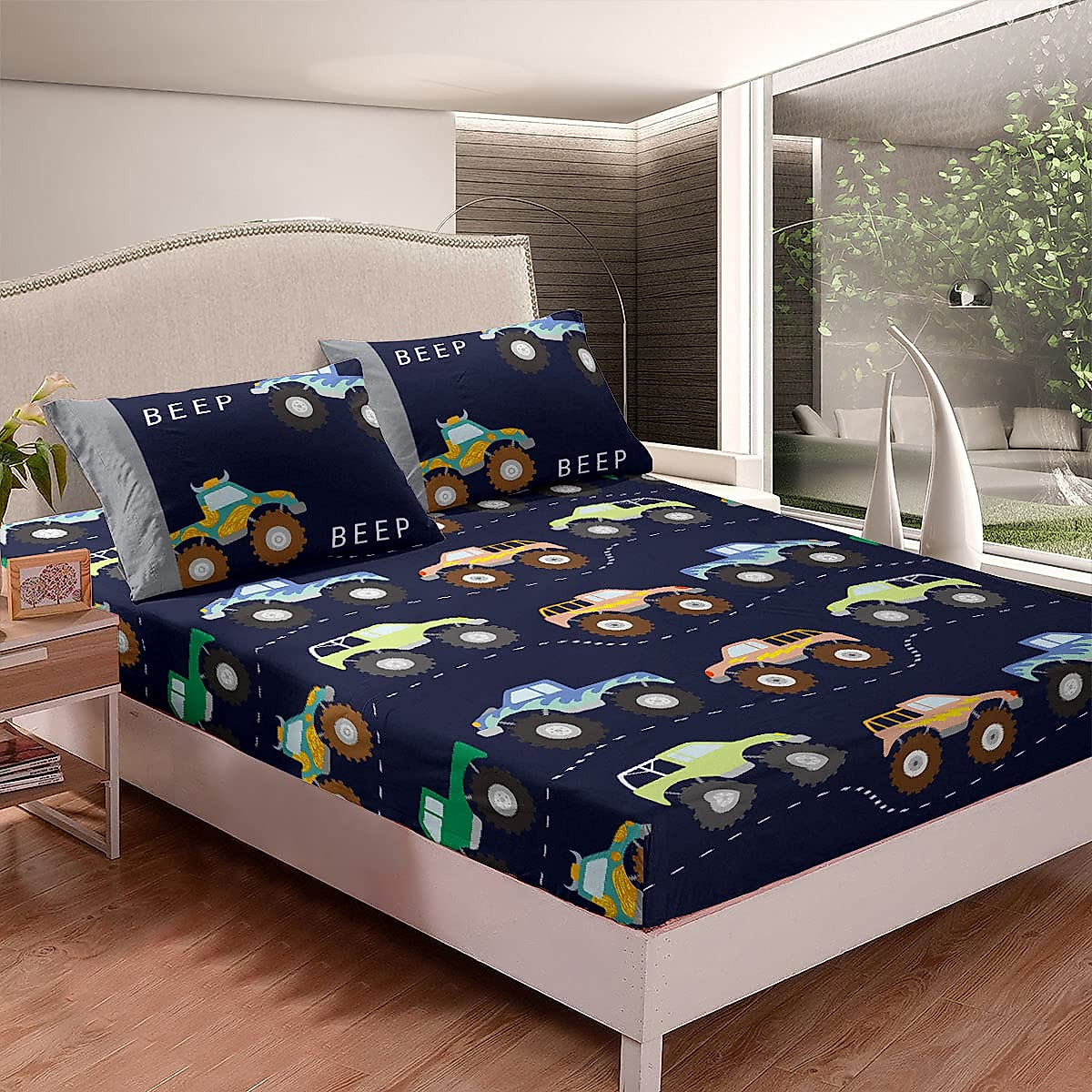 3D Monster Truck Bed Sheet Set Boys Cars Fitted Sheet & Pillow Sham Set for Kids Girls Teens Freestyle Monster Truck Decor Bedding Sheets Blue with 2 Pillowcases 3Pcs Bedding Full