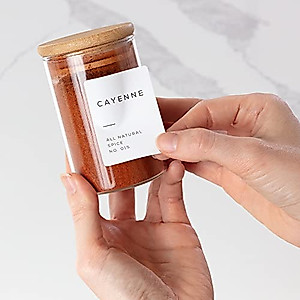 Bloomondo Empty Spice Jars with Label Pack (12x Bamboo Lid Glass Jar). Small 6oz Spice Storage Bottles with 112 Printed Spice Stickers and 48 Writable Pantry Labels for Seasoning Containers