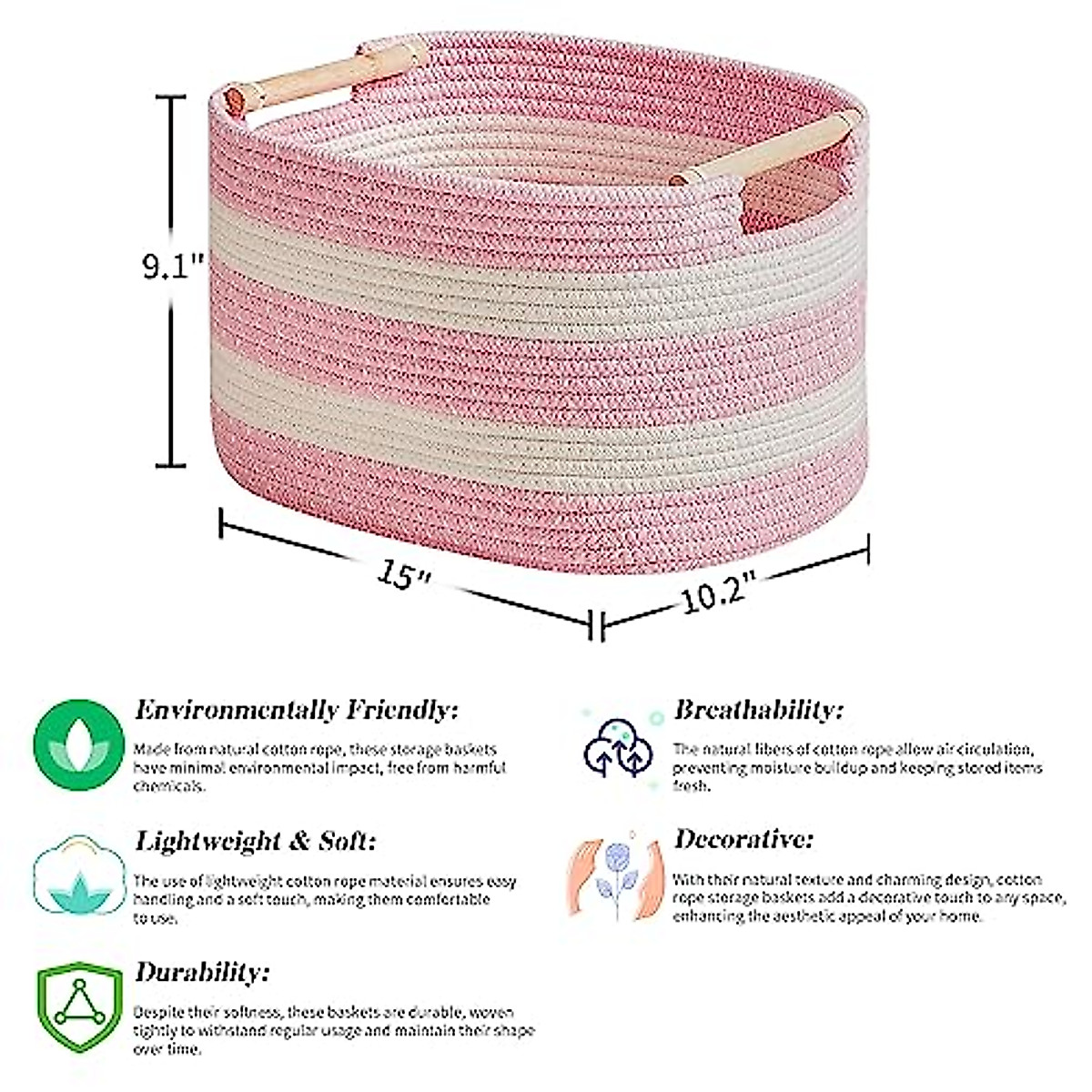 R RUNKA Decorative Storage Baskets - 15"x10.2"x9.1" Cube Storage bins for Organizing Shelves, Entryway, Closet - Versatile Baskets for Books, Towels,Toys - Pink Gift Basket for Girls - White & Pink