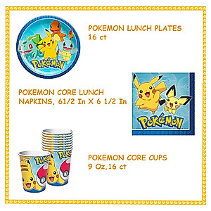 Pokémon Party Supplies and Decoration Pack Serves 16: Jumbo Birthday Banner, Dinner Napkins, Dinner Plates, Cups and Table Cover with Birthday Candles (Bundle for16)