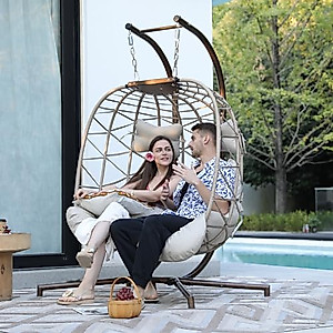 RADIATA Double Egg Chair with Stand Luxury Outdoor Patio Wicker Loveseat Hanging Swing Chairs Resistant Cushions Metal Frame 500 lbs Capaticy for 2 Persons Backyard Balcony Beige Beige Rattan