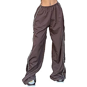Shebote Womens Parachute Pants Wide Leg Baggy Pants Y2K Elastic Waist Jogger Sweatpants Track Pants Streetwear(0046-Coffee-S)