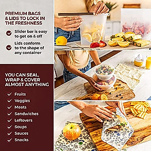 Reusable Silicone Food Storage Bags Bundle, 15 Pack | Includes 35oz Medium Food Preservation Bags set of (4), Beeswax Wrap Set of (3), Silicone Stretch Lids Set of (6), Bag Holder & Cotton Storage Bag as Packaging