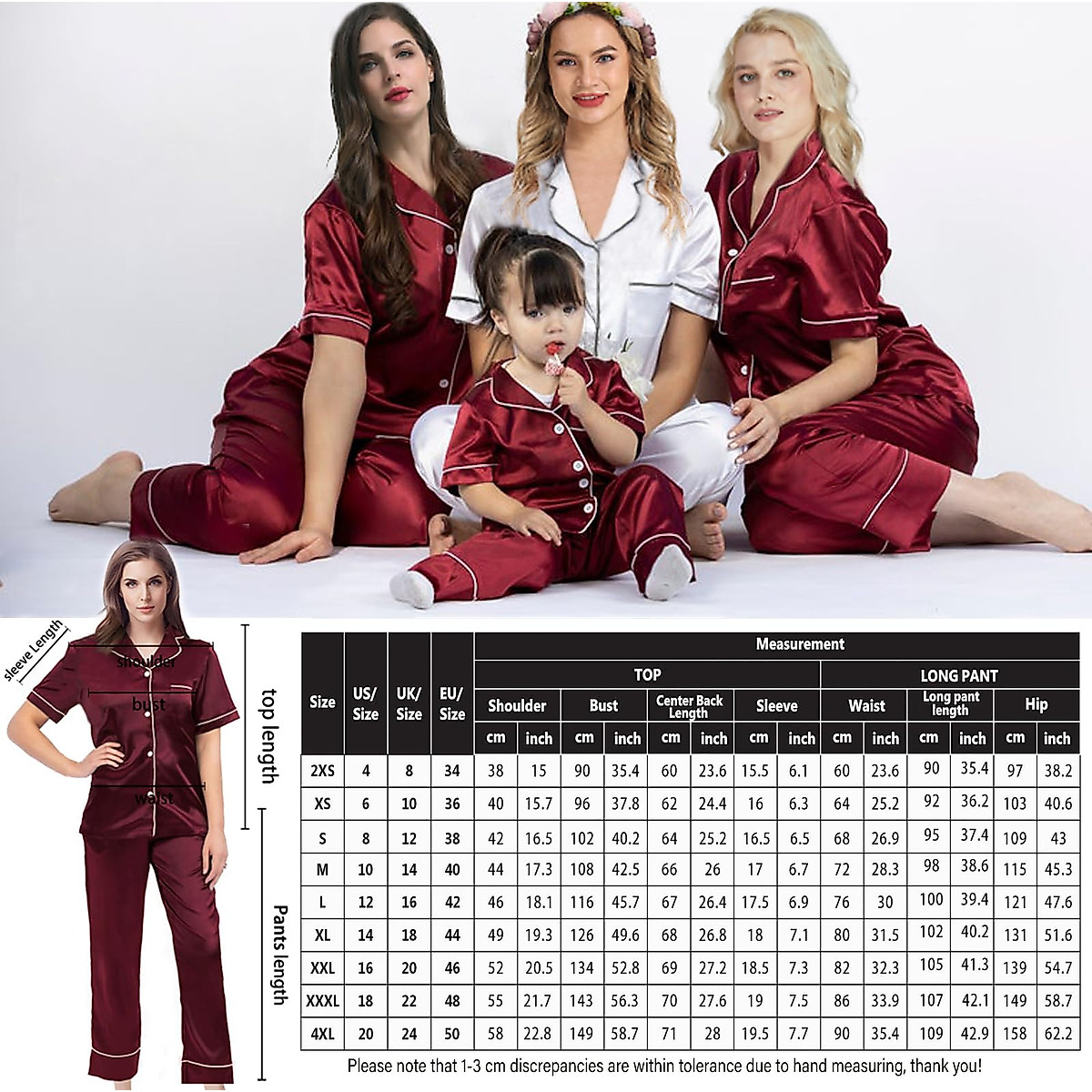 WJing Yi Jia Womens Pajamas Set XS-4XL Silk Satin Pajama Sets Short Pj Sets Button Down Pjs Set Loungewear Sleepwear