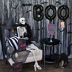 BOO Foil Balloons Set with 3D PVC Bats, Black 16 Inch Halloween BOO Banner Balloon Kit with 12pcs Fake Bats, Boo Mylar Letter Balloons Bunting for Horror Halloween Night Party Decorations Supplies