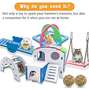 Sfcddtlg 7PCS Rainbow Hamster Toys-Dwarf Hamsters House-Wooden Gerbil Hideout Bridge Swing and Seesaw for Small Animal Gerbil Hamster Hedgehog(7PCS)