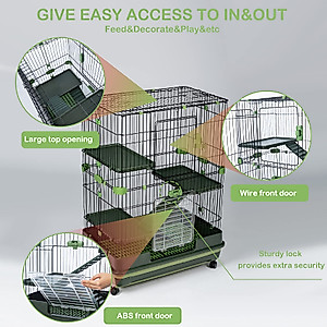Gecheer 4-Tier 32" Small Animal Metal Cage Height Adjustable with Lockable Casters Grilles Pull-Out Tray for Rabbit Chinchilla Ferret Bunny Guinea Pig Squirrel Hedgehog Green