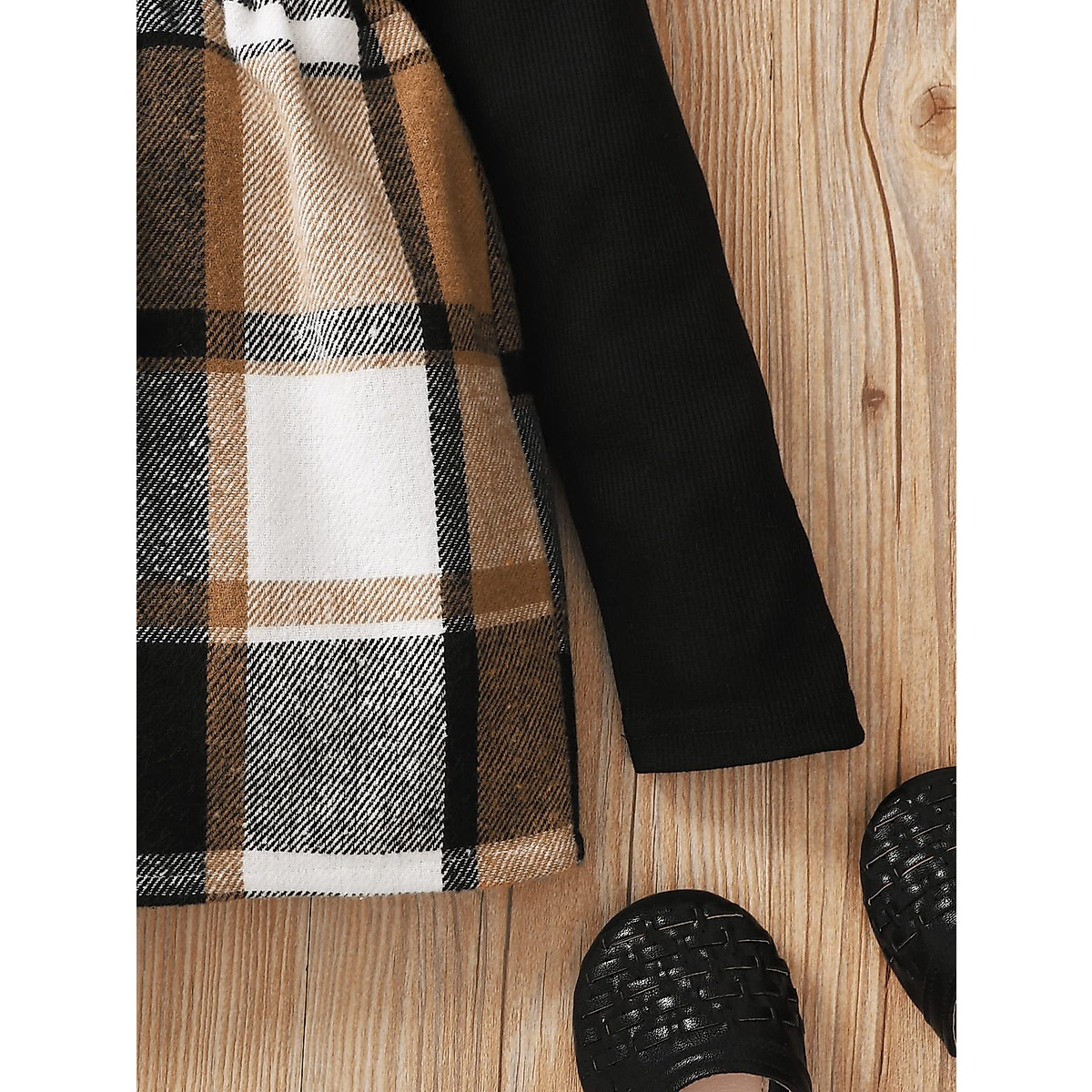 Floerns Girls 2 Piece Outfit High Neck Tee Shirt with Plaid Mini Skirt Set Black Multi 8 Years