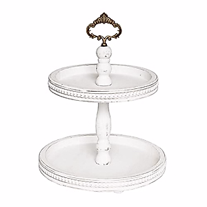 2 Tiered Tray Wooden Serving Stand by Felt Creative Home Goods. Small Shabby Chic Beaded Tray for Home Decor Display Farmhouse Country Decoration Kitchen or Dining. Includes 3 Custom Handles (White)