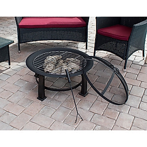 Hiland F FT-235 Wood Burning Fire Pit w/Cooking Grate and Domed Mesh, 30", Black