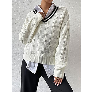 Verdusa Women's V Neck Striped Drop Shoulder Long Sleeve Sweater Knit Tops Pullover White Medium