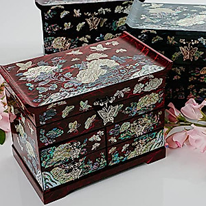 February Mountain Mother of Pearl Wooden Jewelry Organizer Box – Jewelry Storage Box for Women, Features Spacious Drawers, Ideal for Rings, Bracelets, Watches, Chains, Accessories (Peony_Red)