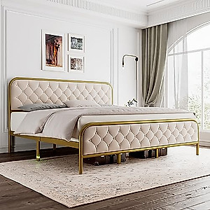 Feonase King Size Bed Frame, Upholstered Bed Frame with Diamond Tufted Headboard, Heavy Duty Metal Slats, 12" Storage Space, No Box Spring Needed, Easy Assembly, Gold